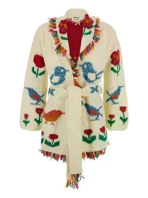 FRANTIC Fairybird Intarsia-knit Fringed Cardigan - Neutrals