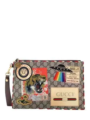 Gucci Courrier Pouch Gg Coated Canvas With Applique Clutch Bag - Brown