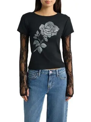 VINYL ICONS Rose Lace Layered Graphic Tee - Black