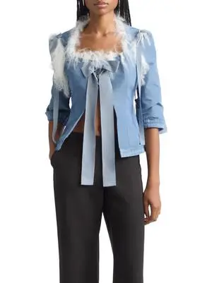 SANDY LIANG Josie Genuine Shearling Trim Taffeta Top