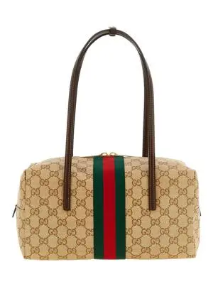 Gucci Gg Canvas Boston Shoulder Handbag With Two Top Handles, Maxi Web Strap, Zip Closure And Cm - Beige
