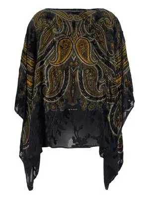 Etro Burnout Velvet Poncho Top With Placed Paisley Print - Blue