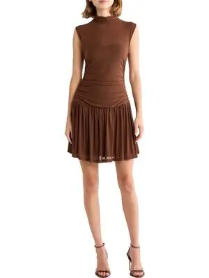 PETAL & PUP Alma Mesh Mock Neck Minidress - Chocolate