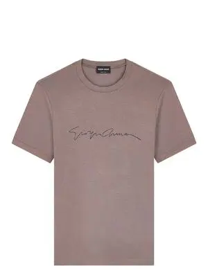 Giorgio Armani Stretch T-shirt In Viscose With Crew Neck And Logo - Brown