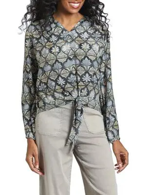 APNY Tie Front V-neck Top - Sage/peweter Multi