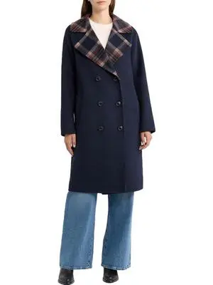 Bernardo Funnel Collar Coat - Navy/plaid