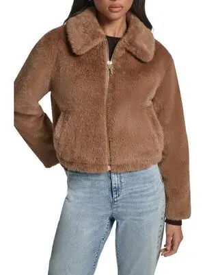 Karl Lagerfeld Paris Bow Puller Faux Fur Jacket Camel