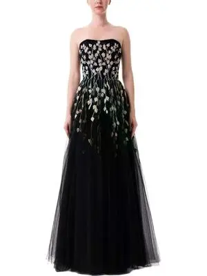DINA MELWANI Floral-embroidered Strapless Maxi Dress - Black