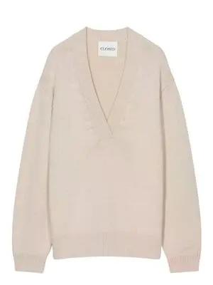 Closed V-neck Long-sleeve Sweater - Neutrals