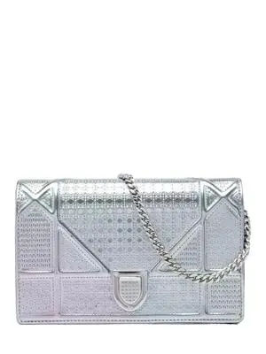 Dior 2019 Metallic Patent Microcannage Diorama Wallet On Chain Crossbody Bag - Silver