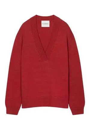Closed V-neck Long-sleeve Sweater - Red