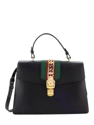 Gucci Sylvie Top Handle Bag Leather Medium Satchel - Black