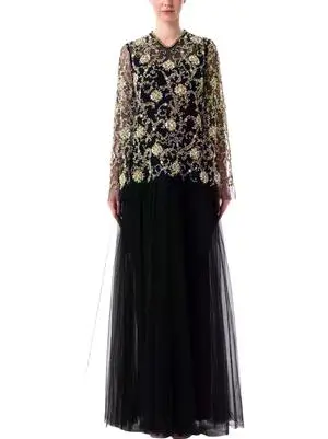 DINA MELWANI Floral-embellished Layered Maxi Dress - Black