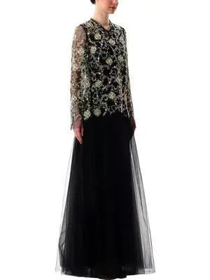 DINA MELWANI Floral-embellished Layered Maxi Dress - Black