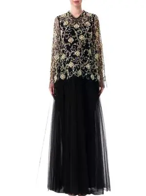 DINA MELWANI Floral-embellished Layered Maxi Dress - Black