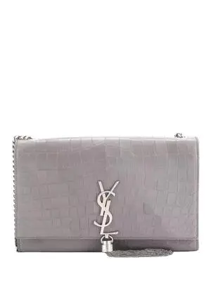 Saint Laurent Classic Monogram Tassel Crocodile Embossed Leather Medium Crossbody Bag - Grey
