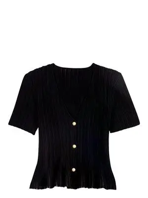 Maje Ruffled Ribbed-knit Cardigan Black