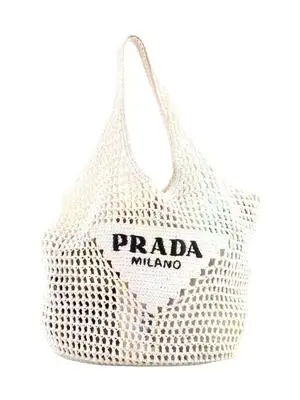 PRADA Triangle Logo Tote Raffia Small Bucket Bag