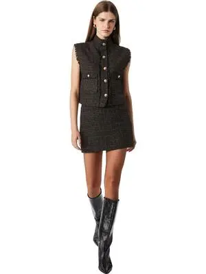 Koton Funnel Neck Tweed Vest With Button And Pocket - Brown