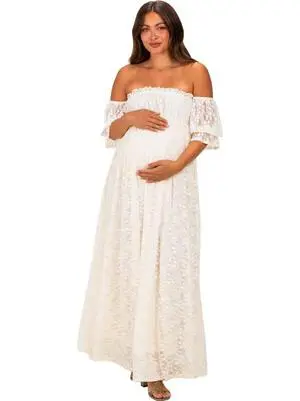 PINKBLUSH Lace Off Shoulder Maxi Dress - Ivory