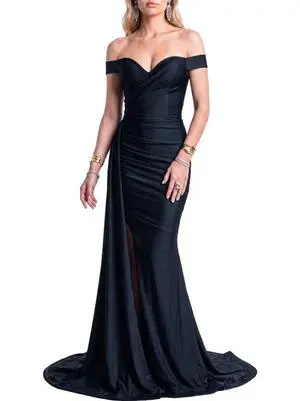 JESSICA ANGEL Off Shoulder Draped Side Slit Evening Gown - Black