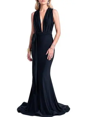 JESSICA ANGEL Plunging V-neck Tie-waist Mermaid Evening Gown - Black