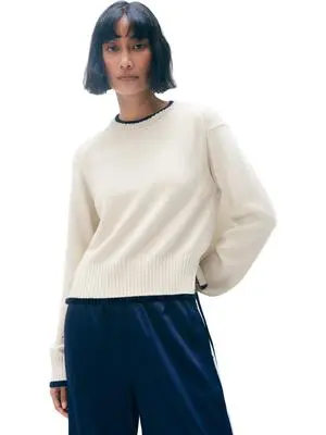 WHITE & WARREN Varsity Cotton Crewneck Top In Size In Cotton/polyester - Navy