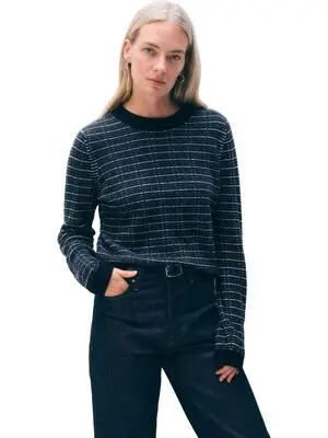 WHITE & WARREN Cashmere Waffle Stripe Crewneck Top In Size - Navy