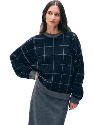 WHITE & WARREN Reversible Cashmere Blend Windowpane Sweatshirt In Size - Navy