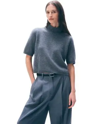 WHITE & WARREN Cashmere Mockneck Tee Top - Graphite Heather