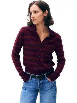 WHITE & WARREN Cashmere Striped Cardigan Sweater In Size - Red