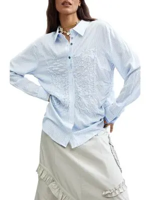 Desigual Smocked Striped Long Sleeve Shirt - Light Blue