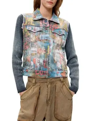 Desigual Graffiti Ribbed Sleeve Trucker Jacket - Light Blue