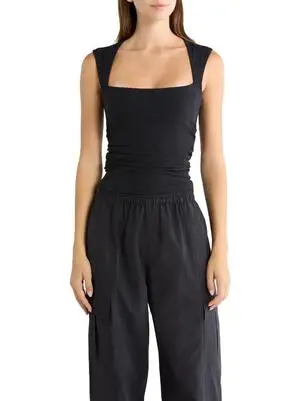 MPG Cloud Square Neck Ruched Performance Tank - Black