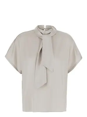 Brunello Cucinelli Brunello Cucinelli Women Beige Blouse With Bow Collar And Monile Decoration In Silk For Women Multicolor