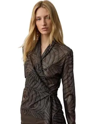 RALPH LAUREN Shea Foiled Crinkle Chiffon Wrap Blouse