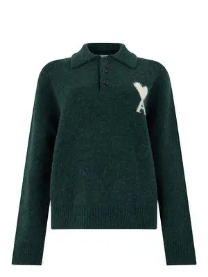 AMI Paris Alpaca Blend Polo Sweater With Contrasting Trim - Green