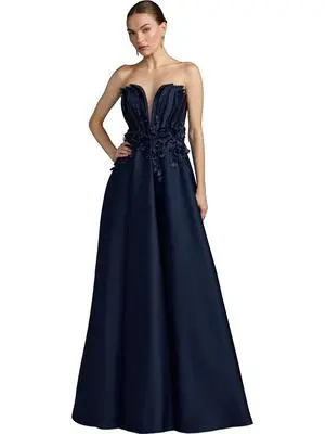 Mac Duggal Strapless Satin Floral Embellished Ball Gown - Navy