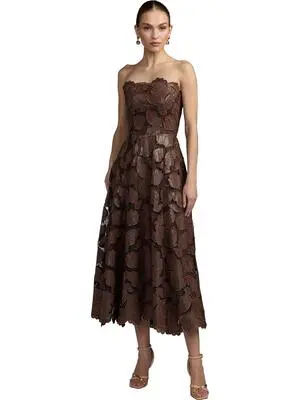 Mac Duggal Brown Strapless Floral Leather A-line Midi Dress - Chocolate