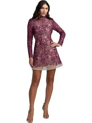 Mac Duggal Purple Floral Embroidered Long Sleeve Mini Dress - Plum