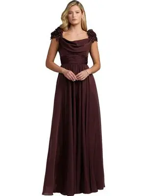Mac Duggal Amethyst Chiffon Cowl Neck Embellished Cap Sleeve Gown - Red