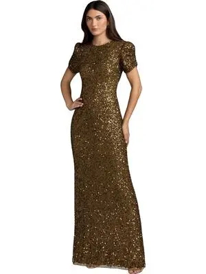 Mac Duggal Gathered Short Sleeve Embellished Gown - Brown