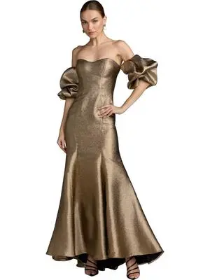 Mac Duggal Brocade Off The Shoulder Puff Sleeve Gown - Gold