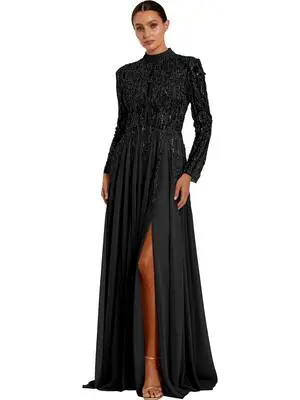 Mac Duggal Embellished Long Sleeve Gown With Slit - Black