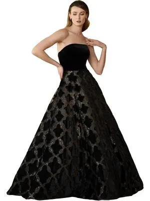 MAC DUGGAL COLLECTION Strapless Velvet Bodice Embellished Ball Gown - Black
