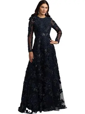 Mac Duggal Navy Floral Embellished Long Sleeve Gown - Midnight