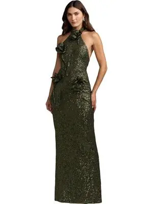 Mac Duggal Green Halter Neck Sequin 3d Flower Column Gown - Olive