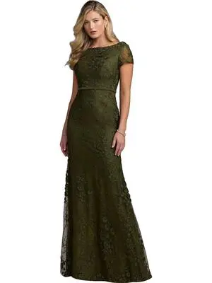 Mac Duggal Floral Applique Boat Neck Cap Sleeve Gown Green