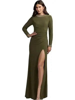 Mac Duggal Green Embellished Long Sleeve Gown With Slit - Olive
