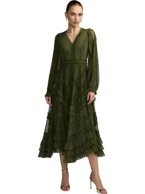 Mac Duggal Petite Olive Long Sleeve V-neck Micro Ruffle Midi Dress - Green